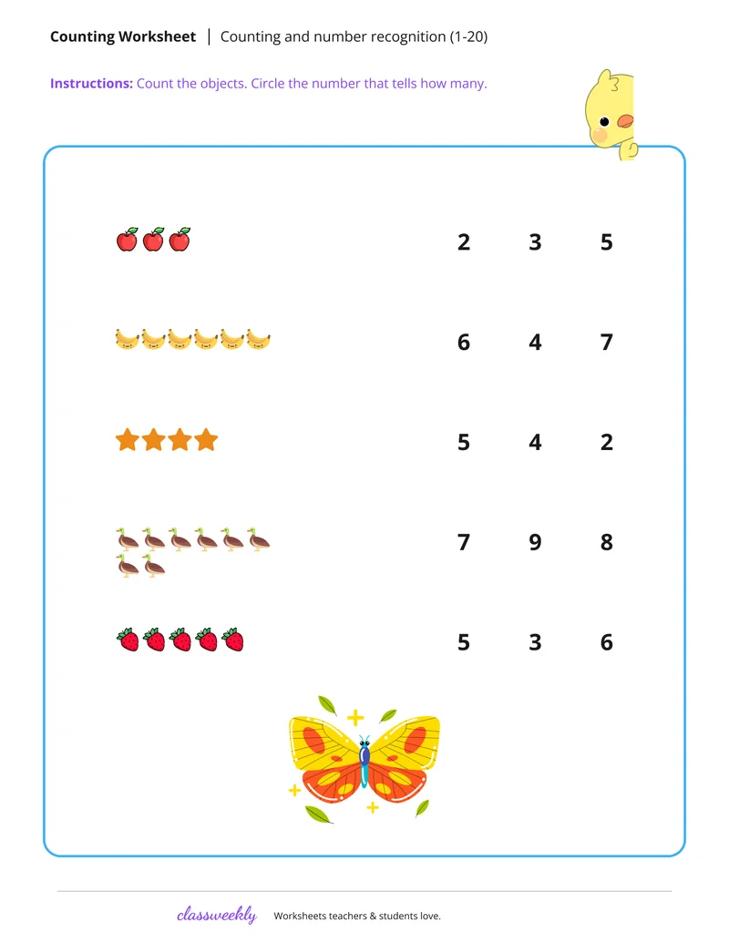 Counting and number recognition (1-20) - Free Kindergarten Math ...