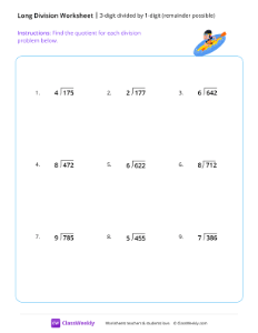 3-digit divided by 1-digit (remainder possible) - Rafting | Worksheet ...