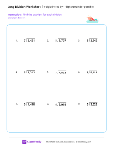 4-digit divided by 1-digit (remainder possible) - Swimming | Worksheet ...