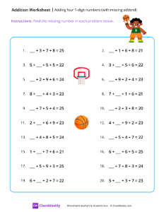 Adding four 1-digit numbers (with missing addend) - Basketball ...