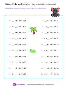 Adding 4 numbers with missing addend - Elephant | Worksheet ...