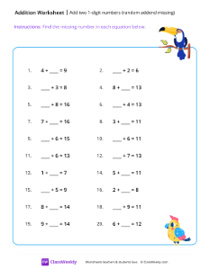 Add two 1-digit numbers (random addend missing) - Parrot | Worksheet ...
