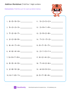 Add four 1-digit numbers - Blocks | Worksheet | ClassWeekly.com
