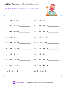 Add four 1-digit numbers - Work | Worksheet | ClassWeekly.com