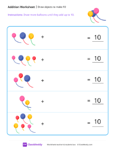 Draw objects to make 10 - Balloons | Worksheet | ClassWeekly.com