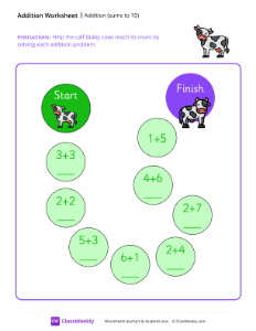 Addition Maze (Sums to 10) - Cow | Worksheet | ClassWeekly.com