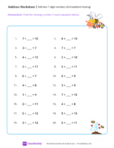 Add two 1-digit numbers (2nd addend missing) - Bee | Worksheet ...