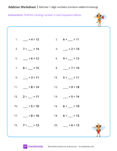 Add two 1-digit numbers (random addend missing) - Mosquito | Worksheet ...