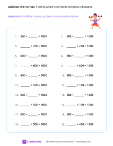 Adding whole hundreds to complete a thousand - Dumbbell | Worksheet ...
