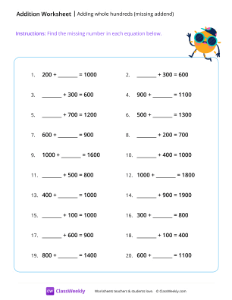 Adding whole hundreds (missing addend) - Summer | Worksheet ...