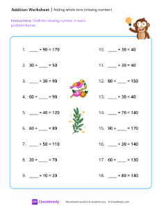 Adding whole tens (missing number) - Monkey | Worksheet | ClassWeekly.com