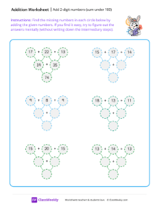 Add 2-digit numbers (sum under 100) - Bunny | Worksheet | ClassWeekly.com