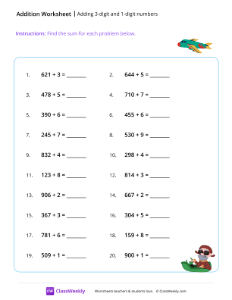 Adding 3-digit and 1-digit numbers - Plane | Worksheet | ClassWeekly.com