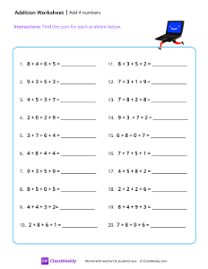 Add four 1-digit numbers - Computer | Worksheet | ClassWeekly.com