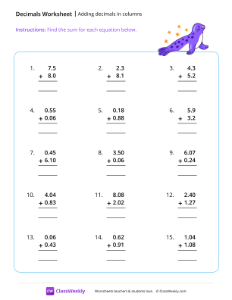 Adding decimals in columns - Seal | Worksheet | ClassWeekly.com