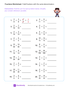 Add fractions with like denominators - Aviator | Worksheet ...