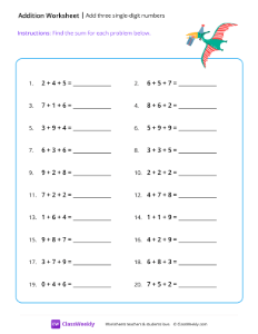 Add three single-digit numbers - Dinosaur | Worksheet | ClassWeekly.com