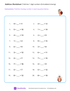 Add two 1-digit numbers (2nd addend missing) - Ladybug | Worksheet ...