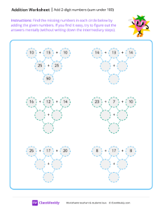 Add 2-digit numbers (sum under 100) - Grapes | Worksheet | ClassWeekly.com