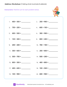 Adding whole hundreds (2 addends) - Cat | Worksheet | ClassWeekly.com