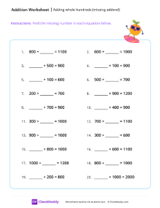 Adding whole hundreds (missing addend) - Surf | Worksheet | ClassWeekly.com