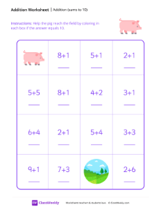 Addition Maze (Sums to 10) - Pig | Worksheet | ClassWeekly.com