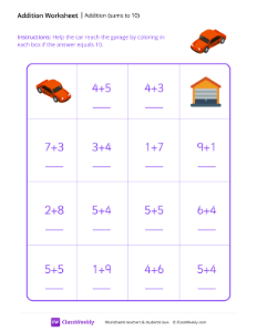 Addition Maze (Sums to 10) - Car | Worksheet | ClassWeekly.com
