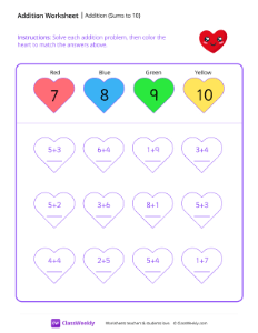 Addition (Sums to 10) - Happy Heart | Worksheet | ClassWeekly.com
