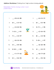 Adding three 1-digit numbers (missing addend) - Desert | Worksheet ...