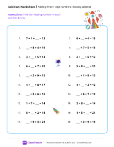 Adding three 1-digit numbers (missing addend) - Space | Worksheet ...