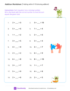 Adding within 0-10 (2nd addend missing) - Frog | Worksheet ...