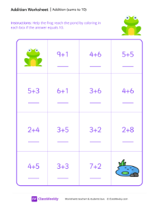 Addition Maze (Sums to 10) - Frog | Worksheet | ClassWeekly.com