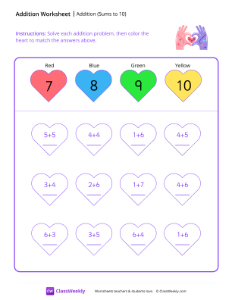 Addition (Sums to 10) - Heart Hands | Worksheet | ClassWeekly.com