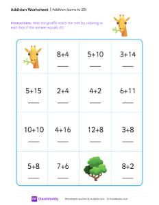 Addition maze (sums to 20) - Giraffe | Worksheet | ClassWeekly.com