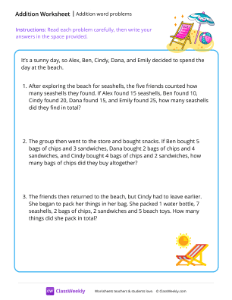 Addition word problems - Beach | Worksheet | ClassWeekly.com
