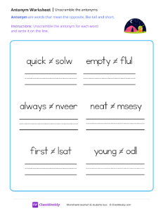 Unscramble the antonyms - Night | Worksheet | ClassWeekly.com