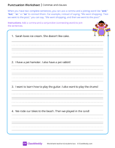 Using commas to join clauses - Drums | Worksheet | ClassWeekly.com