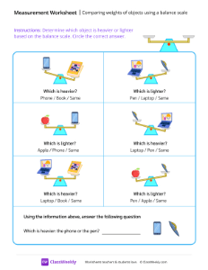 Comparing weights of objects using a balance scale - Scale | Worksheet ...