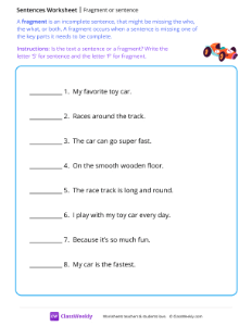Fragment or sentence - Race car | Worksheet | ClassWeekly.com