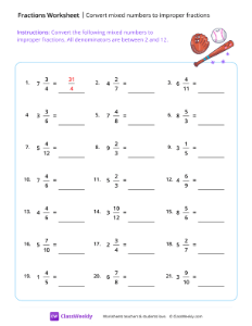 Convert mixed numbers to improper fractions - Baseball | Worksheet ...