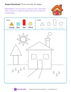 Count and color the shapes - House | Worksheet | ClassWeekly.com