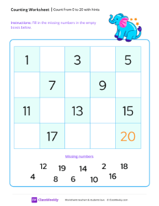 Count from 0 to 20 with hints | Worksheet | ClassWeekly.com