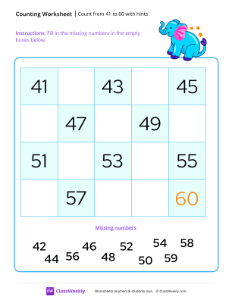 Count from 41 to 60 with hints | Worksheet | ClassWeekly.com