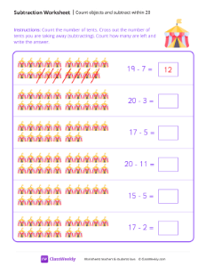 Count objects and subtract within 20 - Tent | Worksheet | ClassWeekly.com