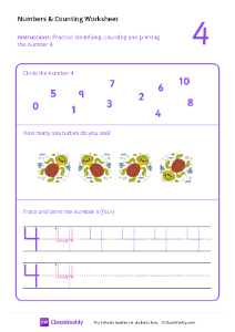 Counting and Tracing Numbers: 4 | Worksheet | ClassWeekly.com