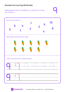 Counting and Tracing Numbers: 9 | Worksheet | ClassWeekly.com