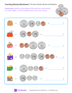 Counting Money - Pennies, Nickels, Dimes and Quarters | Worksheet ...