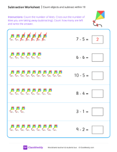 Count objects and subtract within 10 - Kite | Worksheet | ClassWeekly.com