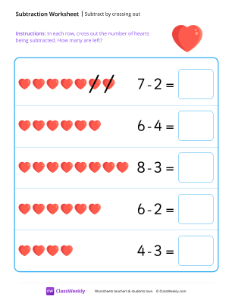Subtract by crossing out - Heart | Worksheet | ClassWeekly.com