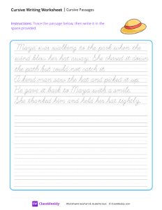 Cursive Passages - Lost Hat | Worksheet | ClassWeekly.com